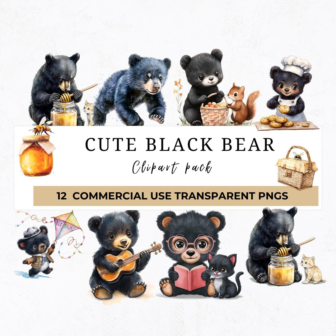 Cute Black Bear Clipart, Watercolor Clip Art, Perfect for Kid-friendly ...