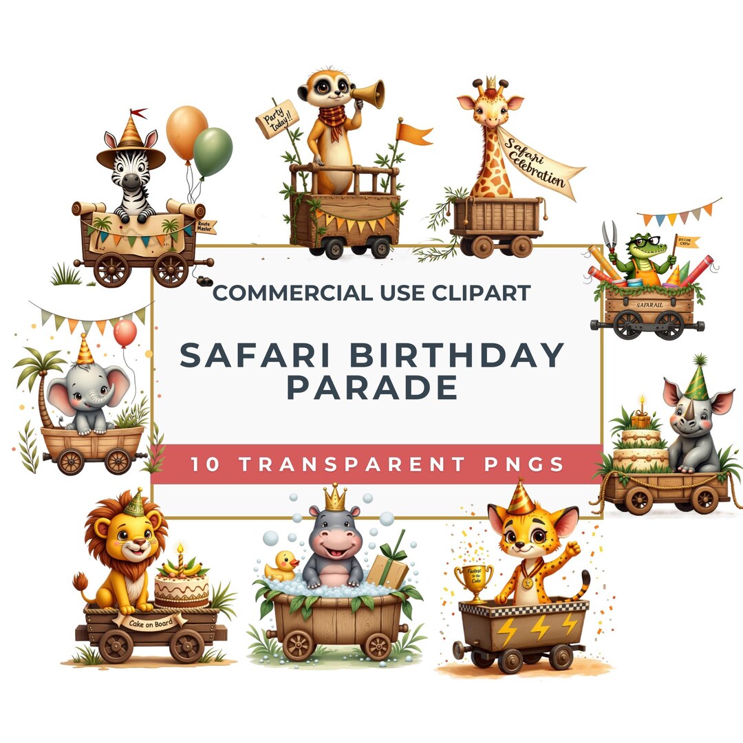 Safari Animal Parade Clipart: Watercolor Jungle Party Wagons (PNG ...