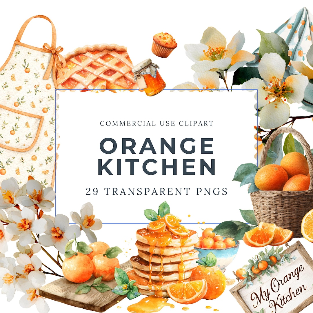 Watercolor Orange Kitchen Clipart Pack, Farmhouse Baking Pngs (digital ...