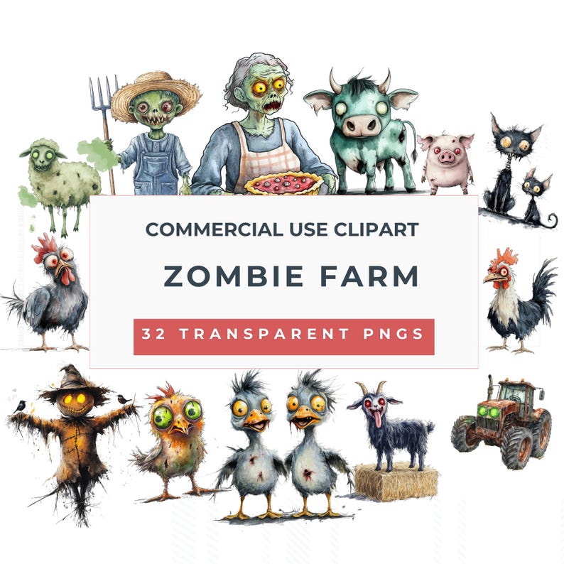 Zombie Farm Animals Clipart: Kid-friendly Halloween Watercolor (digital ...
