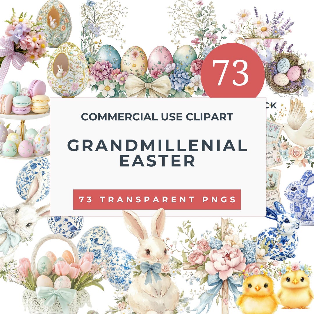 Vintage Easter Clipart Bundle: Bunny, Chick & Floral Pngs (73 Images ...