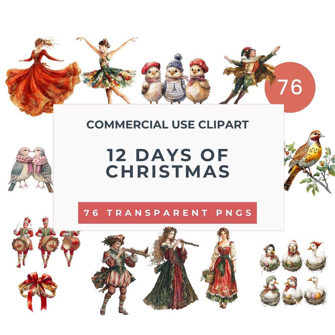12 Days of Christmas Clipart, Watercolor Oil Painting Pngs (commercial ...