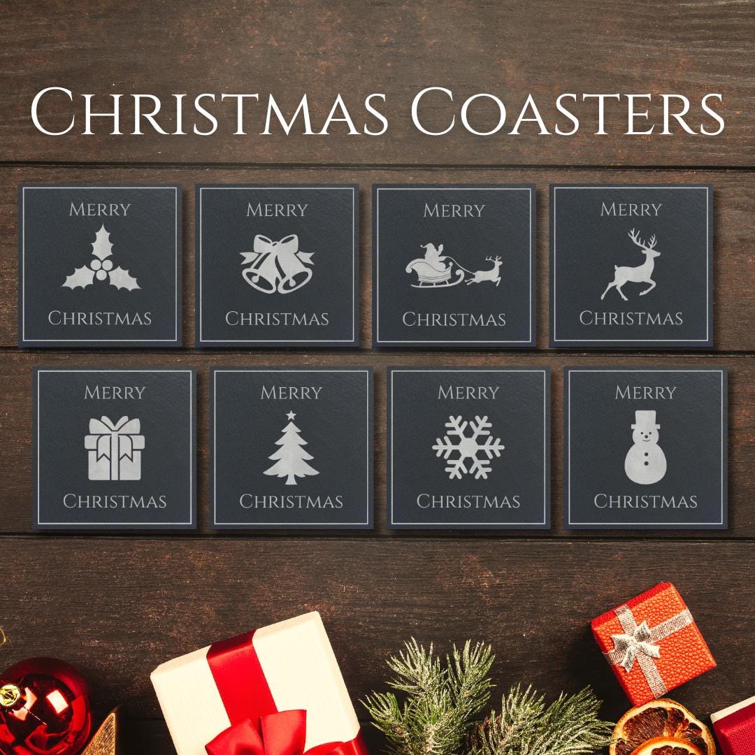 Merry Christmas Slate Coasters – 8 Festive Designs: Santa, Reindeer ...