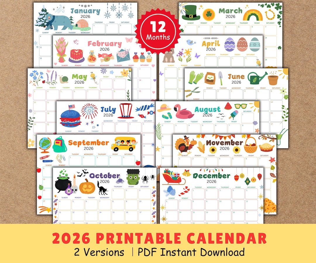 Printable Kids Calendar 2026, Kids Monthly Planner, Printable Calendar ...