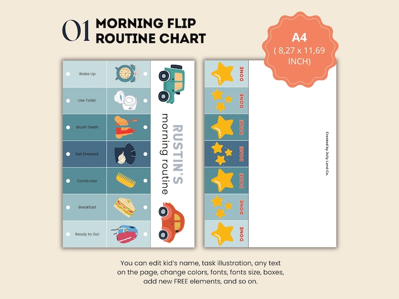 Kids Flip Routine Chart Editable Printable, Morning Evening Bedtime ...