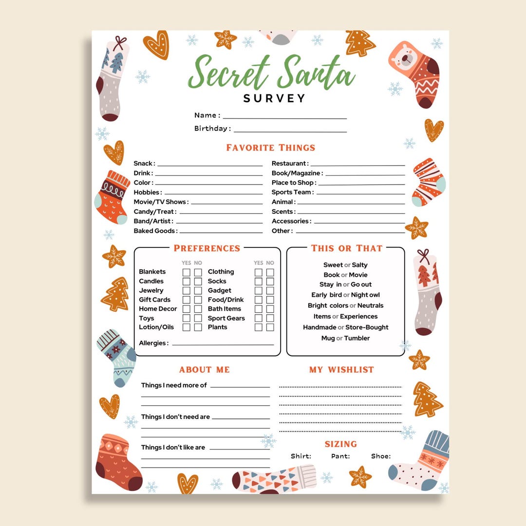 Secret Santa Questionnaire Printable, Gift Guide Christmas ...
