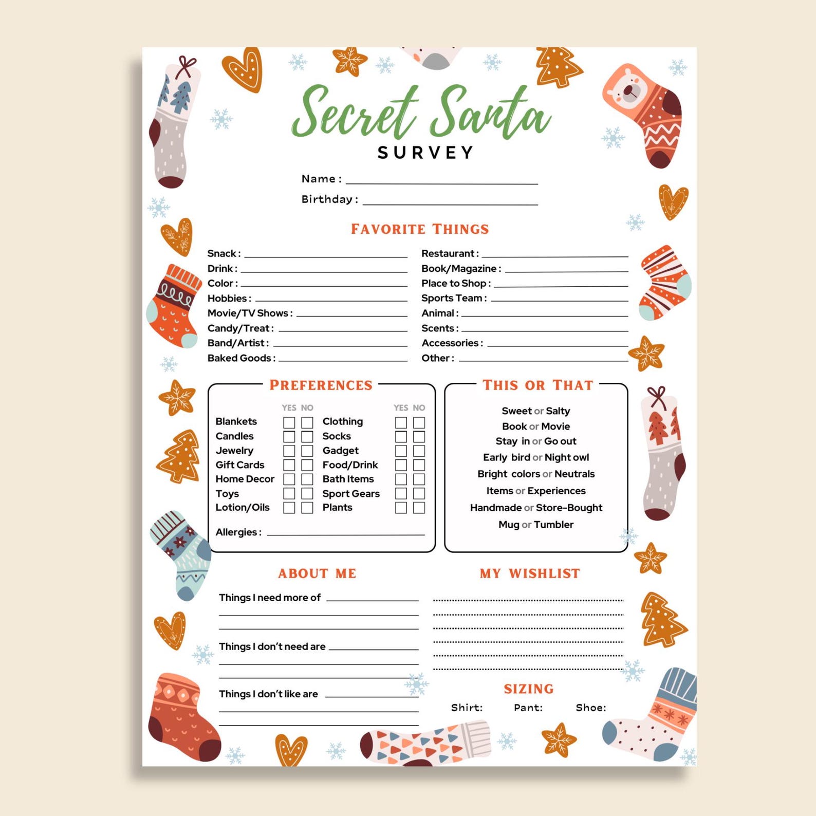 Secret Santa Questionnaire Printable, Gift Guide Christmas ...