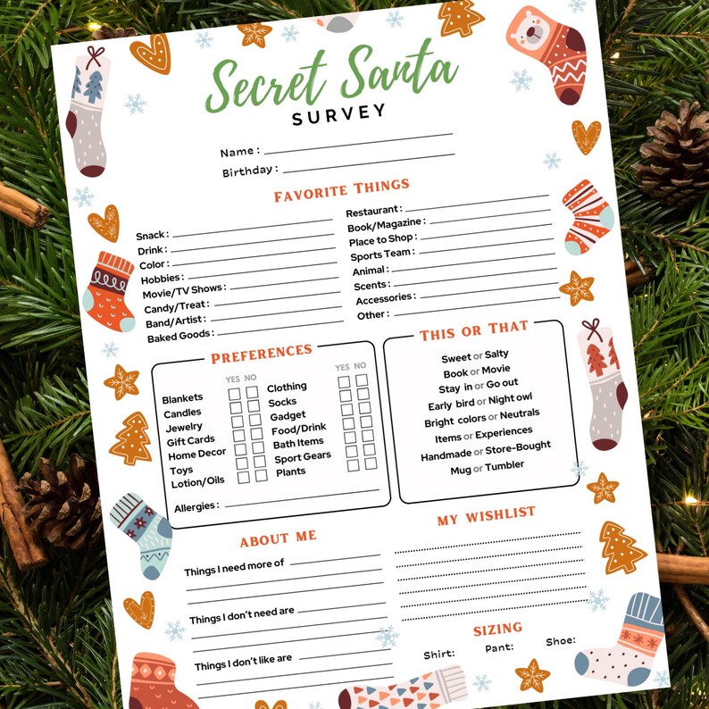 Secret Santa Questionnaire Printable, Gift Guide Christmas ...