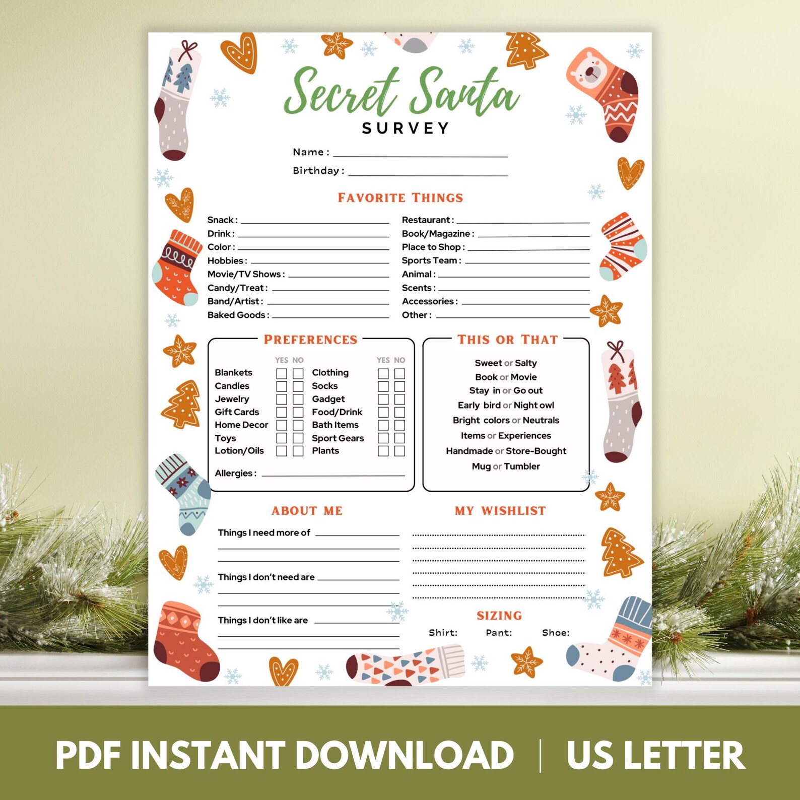 Secret Santa Questionnaire Printable, Gift Guide Christmas ...