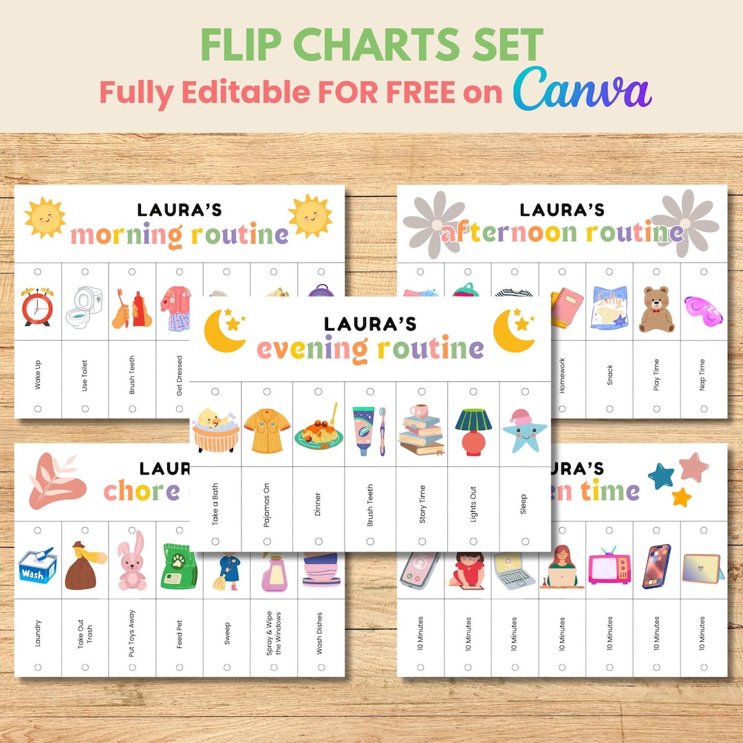 Kids Flip Routine Chart Editable Printable, Morning Evening Bedtime ...