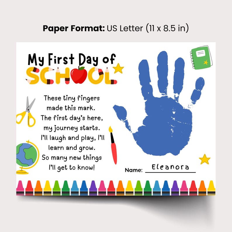 First Day of School Poem Handprint Craft, Kindergarten Preschool Prek ...