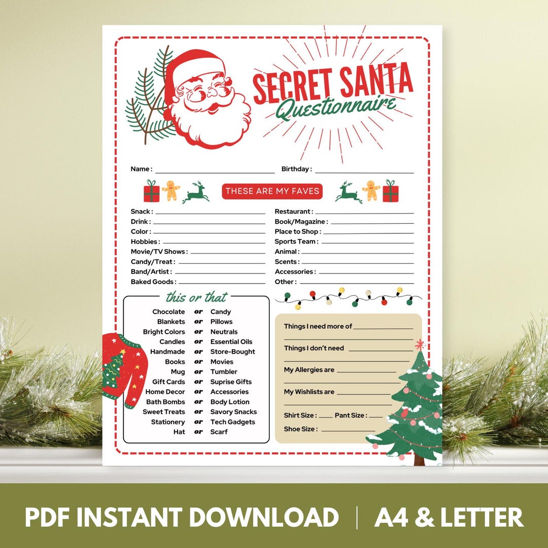 Secret Santa Questionnaire Printable, My Christmas Wish List, Christmas ...