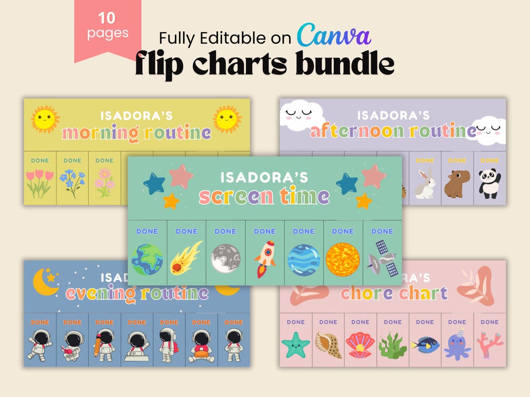 Kids Flip Routine Chart Editable Printable, Morning Evening Bedtime ...