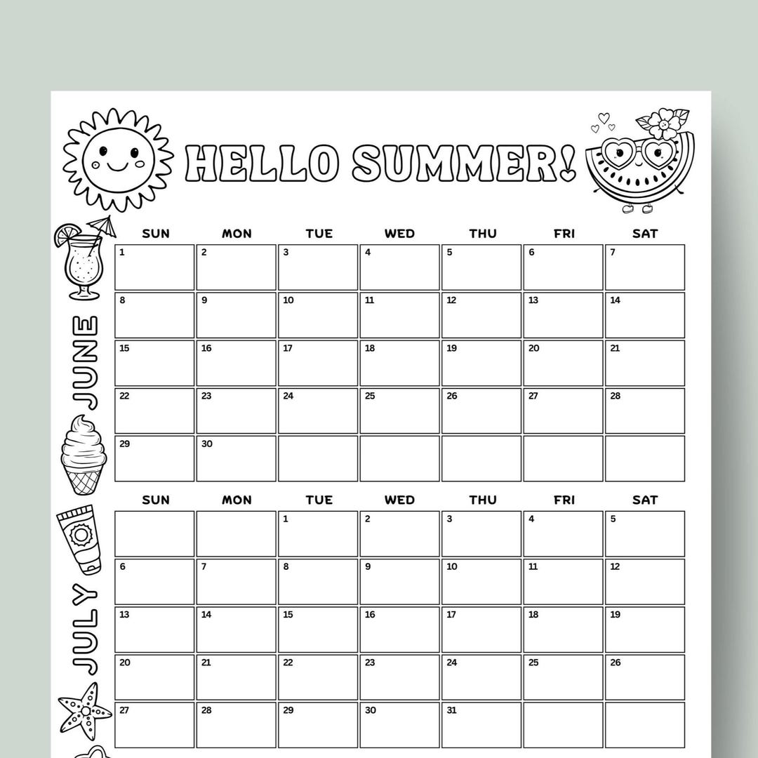 2025 Kids Summer Calendar: 24x36 Coloring Activity Planner (instant ...