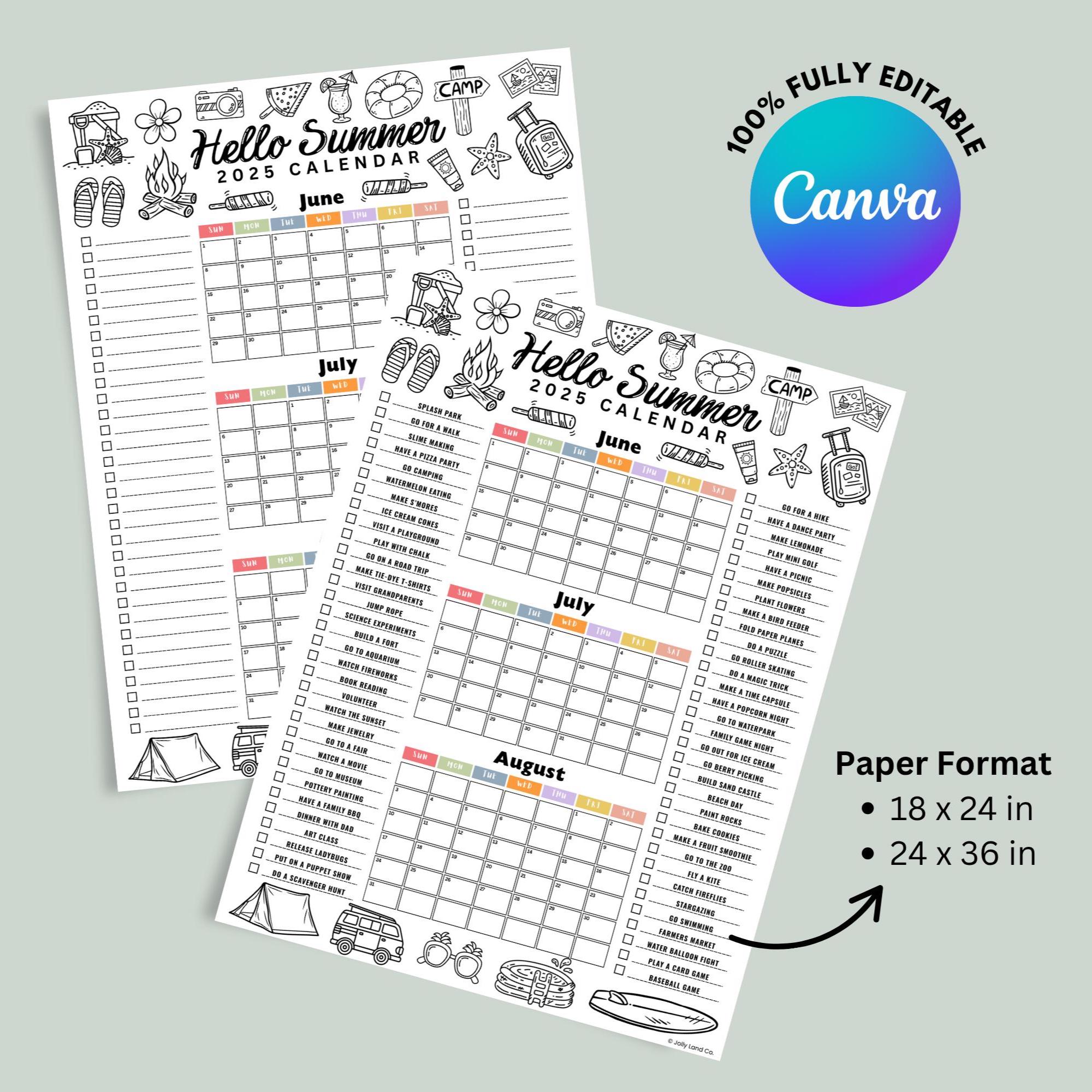 Editable Summer Calendar 2025: Family Fun Planner (digital Download ...