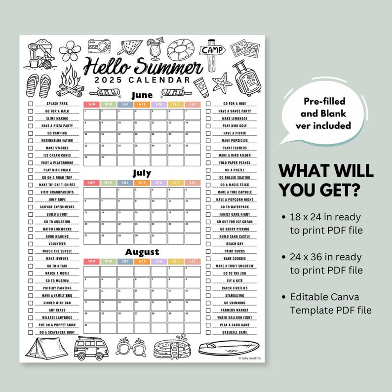 Editable Summer Calendar Poster Printables Summer Fun Bucket List ...