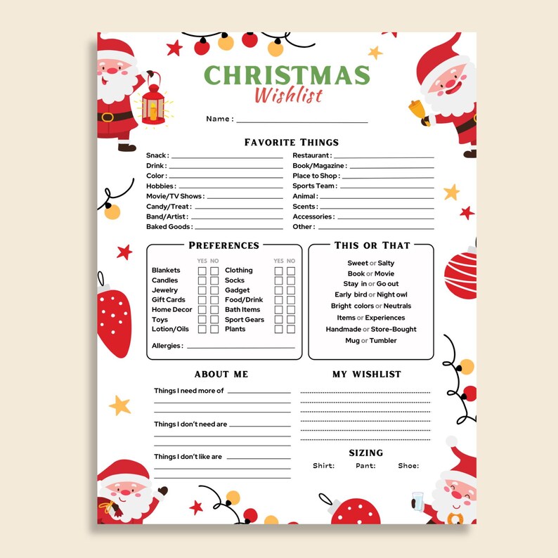 Kids Christmas Wishlist, Christmas Favorites List Printable, Xmas Wish ...
