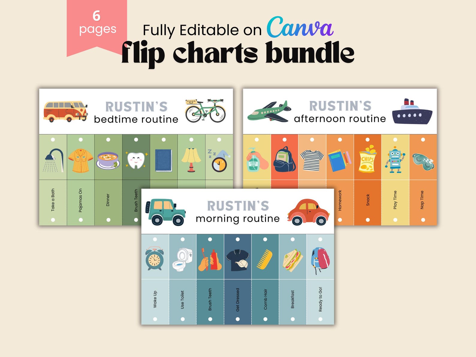 Kids Flip Routine Chart Editable Printable, Morning Evening Bedtime ...