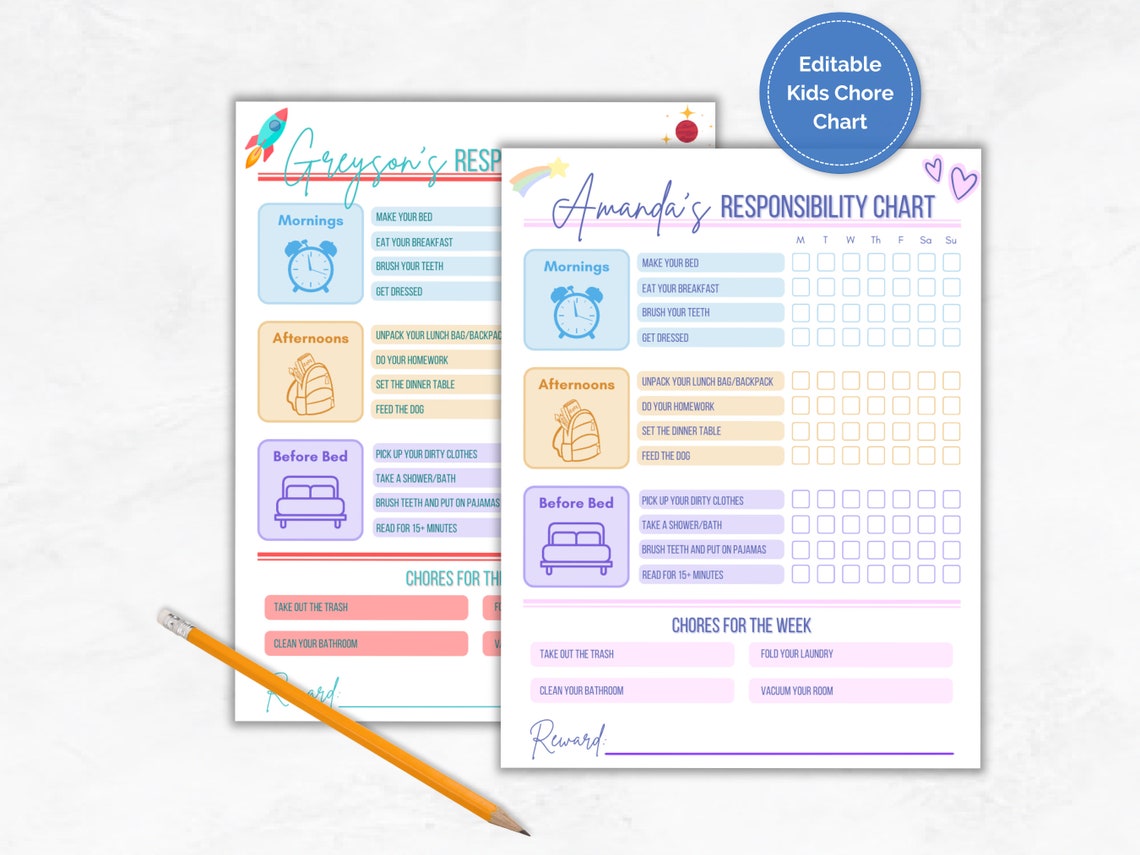 Editable Kids Chore Chart Daily and Weekly Chores Routine Chart ...