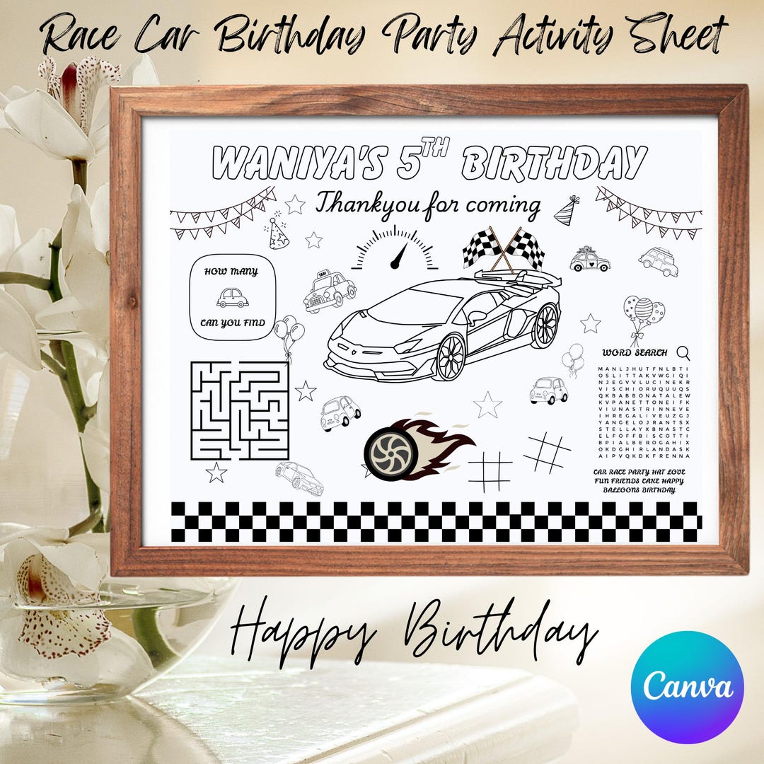 Race Car Birthday Party Activity Sheet, Hot Cars Party Placemat, Racing ...