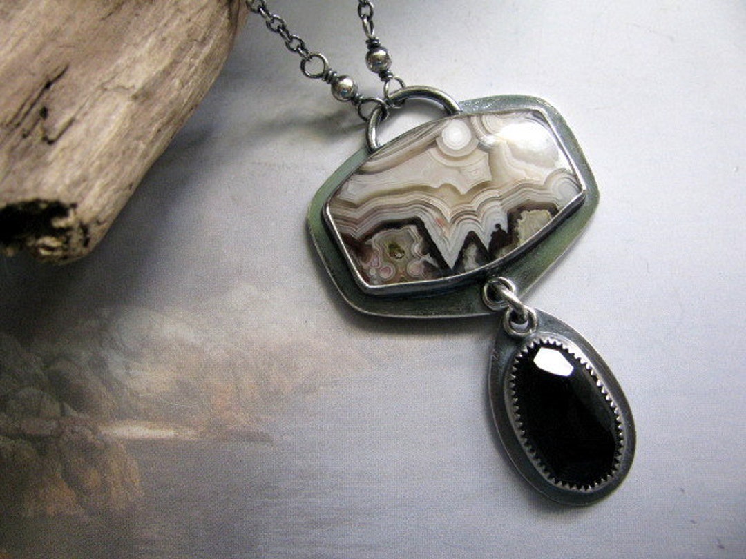 Crazy Laze Agate Pendant, Two Stone Pendant Necklace, Artisan Sterling Silver Jewelry, Unique ...