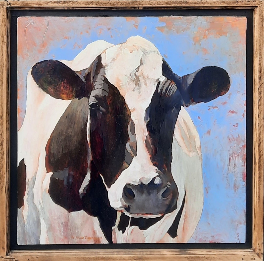 Holstein Looking Original Oil Painting on Wood Panel 20.5 X 20.5 Inches ...