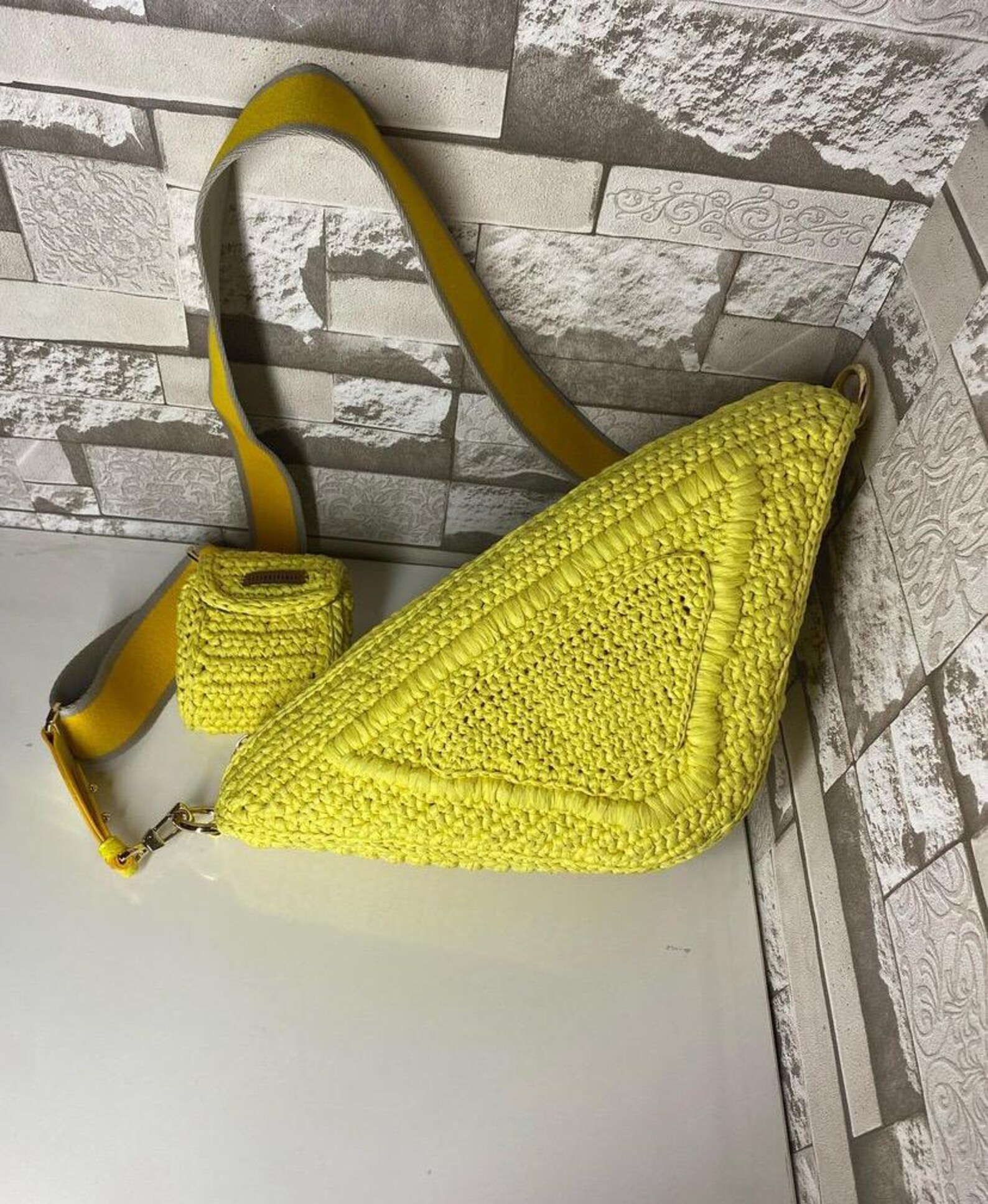 Handmade Raffia Triangle Bag With Mini Pouch | Premium Yellow Prada ...