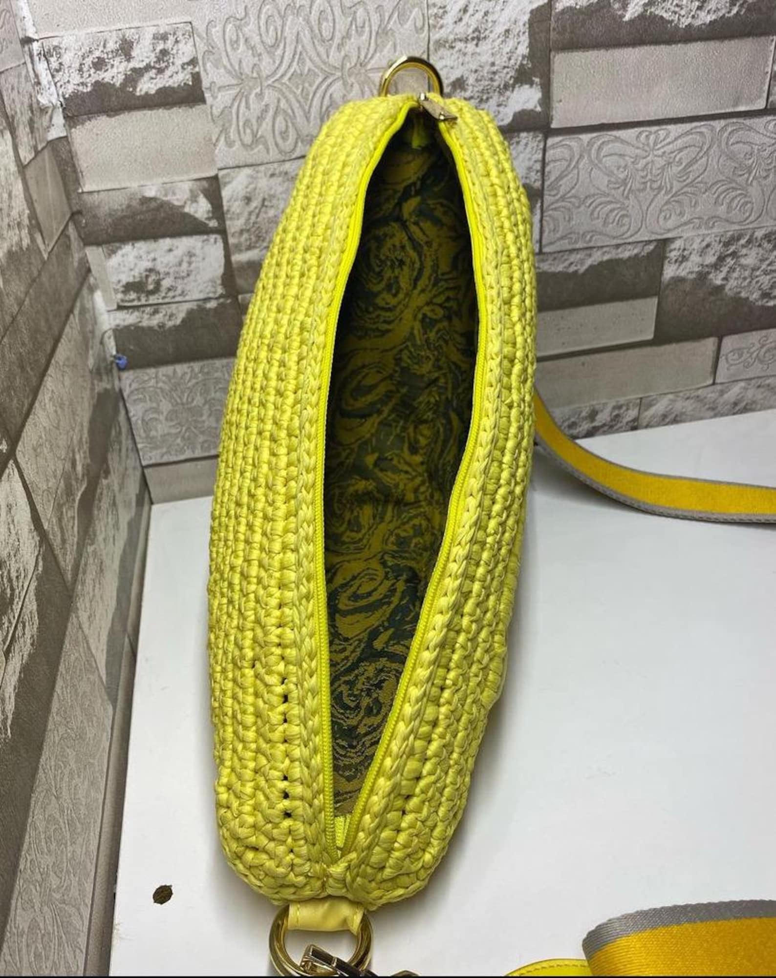 Handmade Raffia Triangle Bag With Mini Pouch | Premium Yellow Prada ...