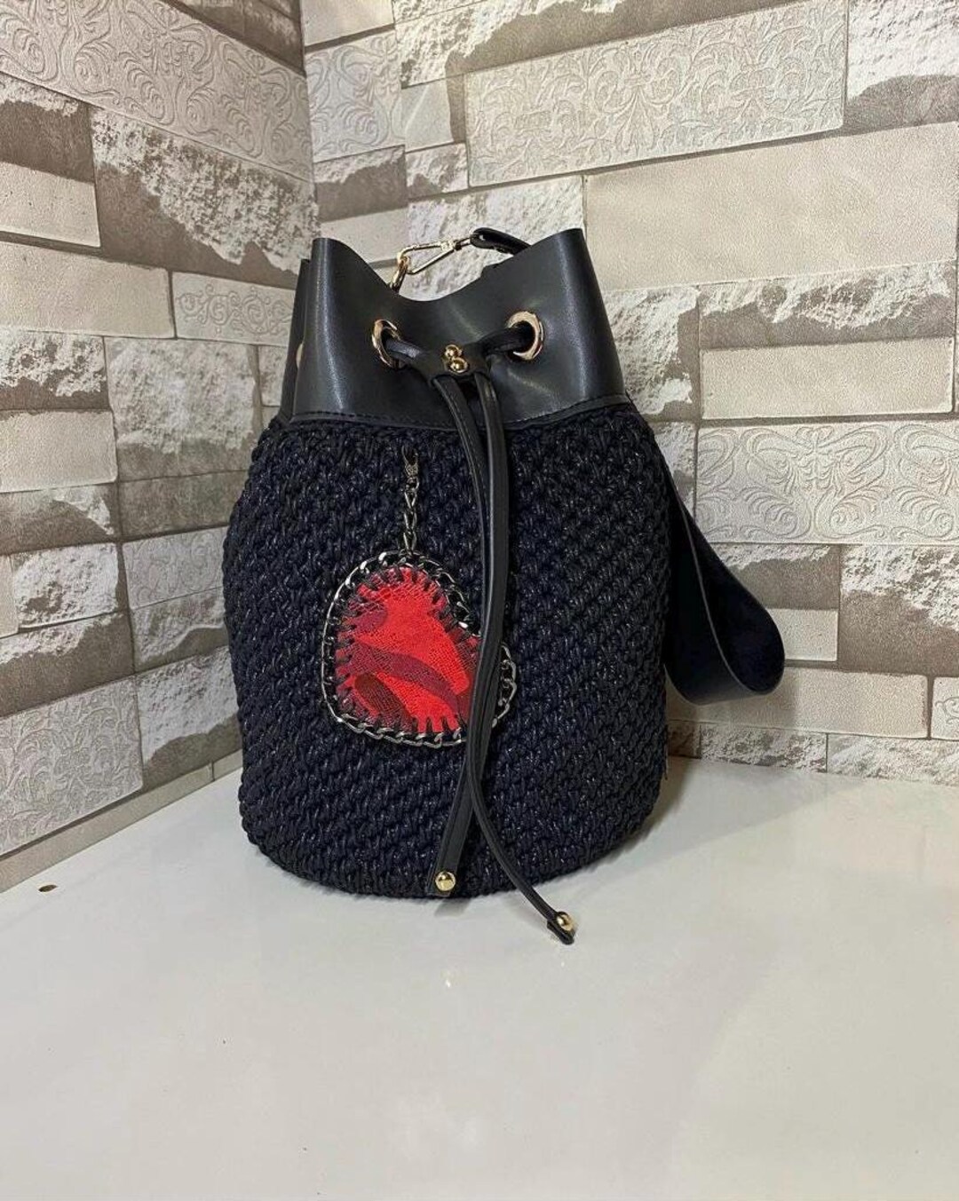 100% Handmade Drawstring Bag With Heart Charm - Cotton Twine, Leather ...