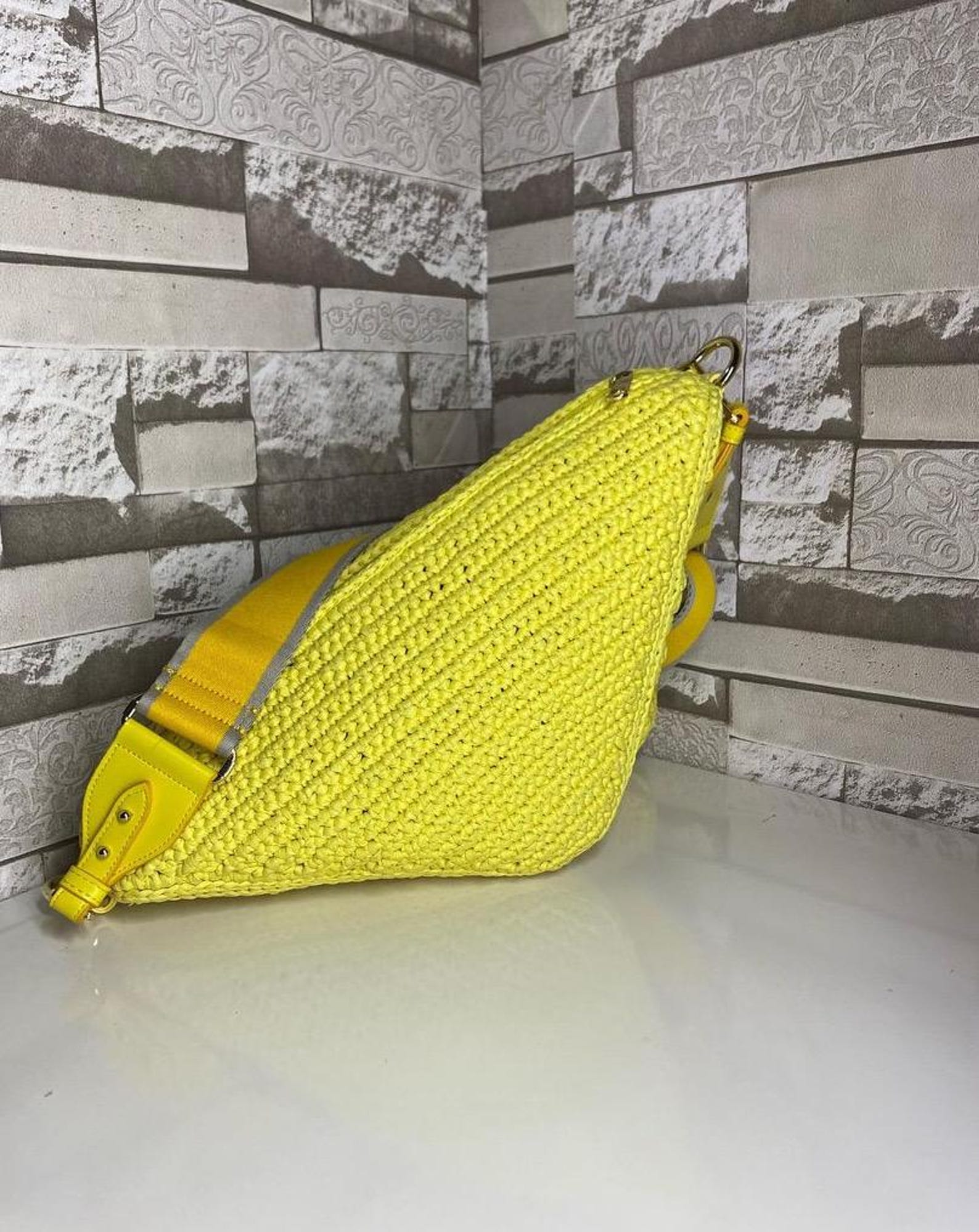 Handmade Raffia Triangle Bag With Mini Pouch | Premium Yellow Prada ...