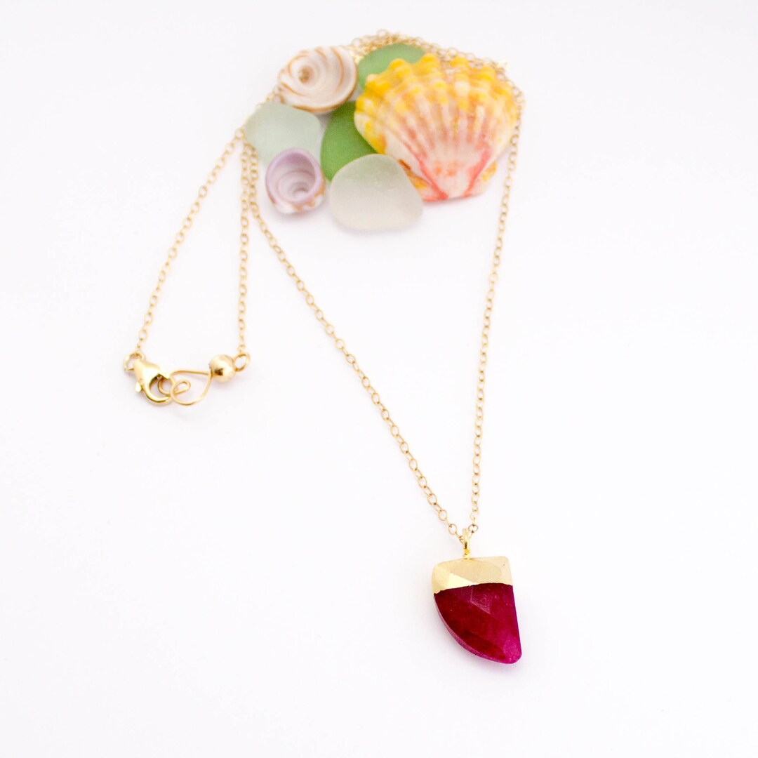 Simple Ruby Horn Gemstone Necklace, Dainty, Layering, Red, Faceted, 14k ...