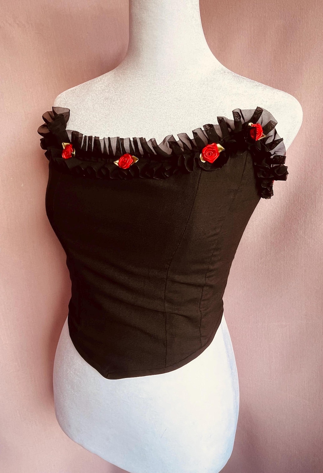 Black Corset, Black Rose Corset, Renfair Corset, Back Lacing, Over Bust ...