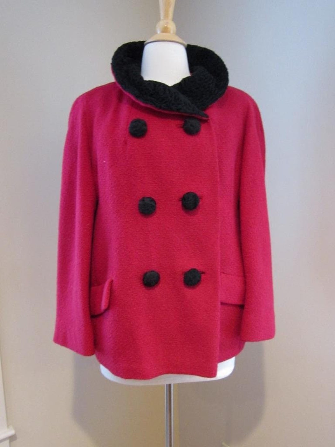Early 1960s Custom Red Wool Boucle Short Coat/jacket With Black Persian ...