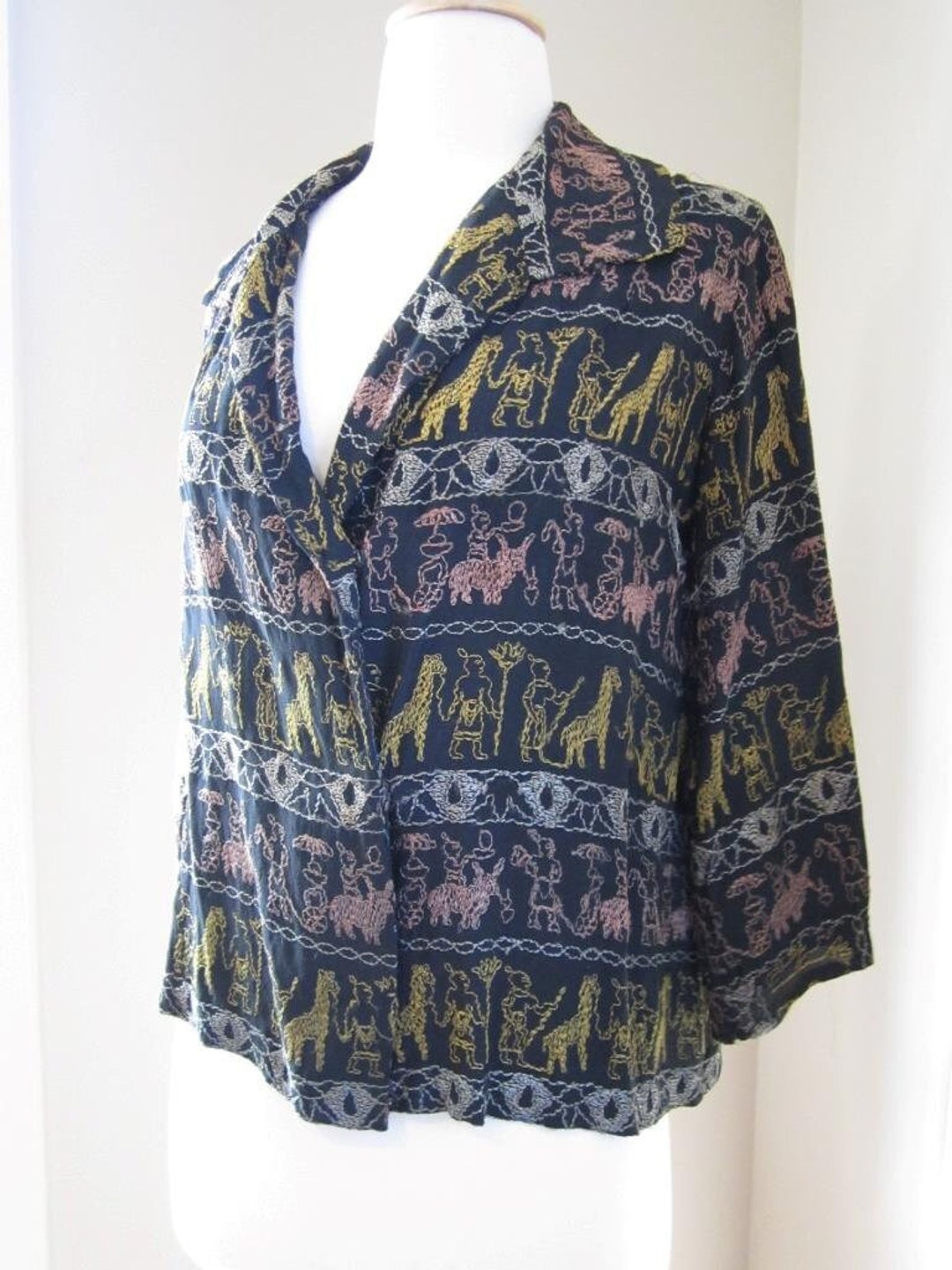 1920s/1930s Black Silk Crepe Snap Front Blouse With Embroidered Natives ...