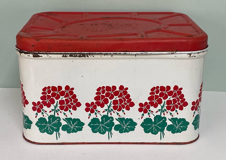 Mid-century Tin Set: Breadbox & 4 Kitchen Canisters With Red Geraniums ...