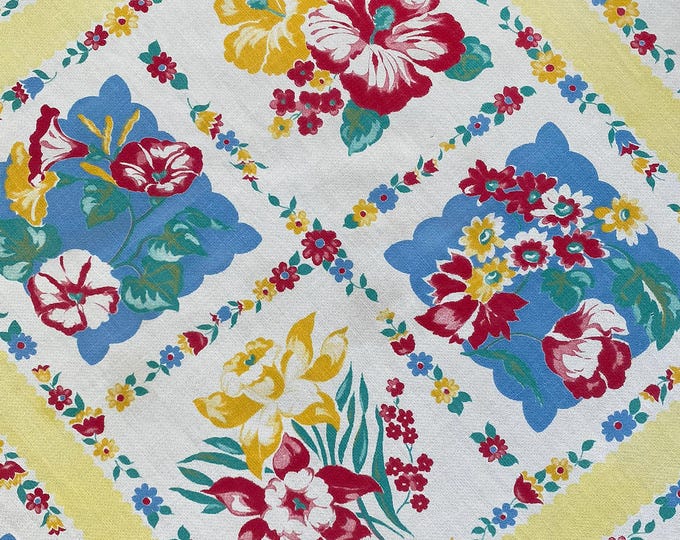 1940s Floral Tablecloth Colorful Flowers in Red, Green, Blue & Yellow ...
