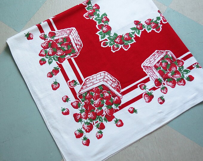 Vintage Tablecloth With Bright Red Strawberries in Baskets - Etsy
