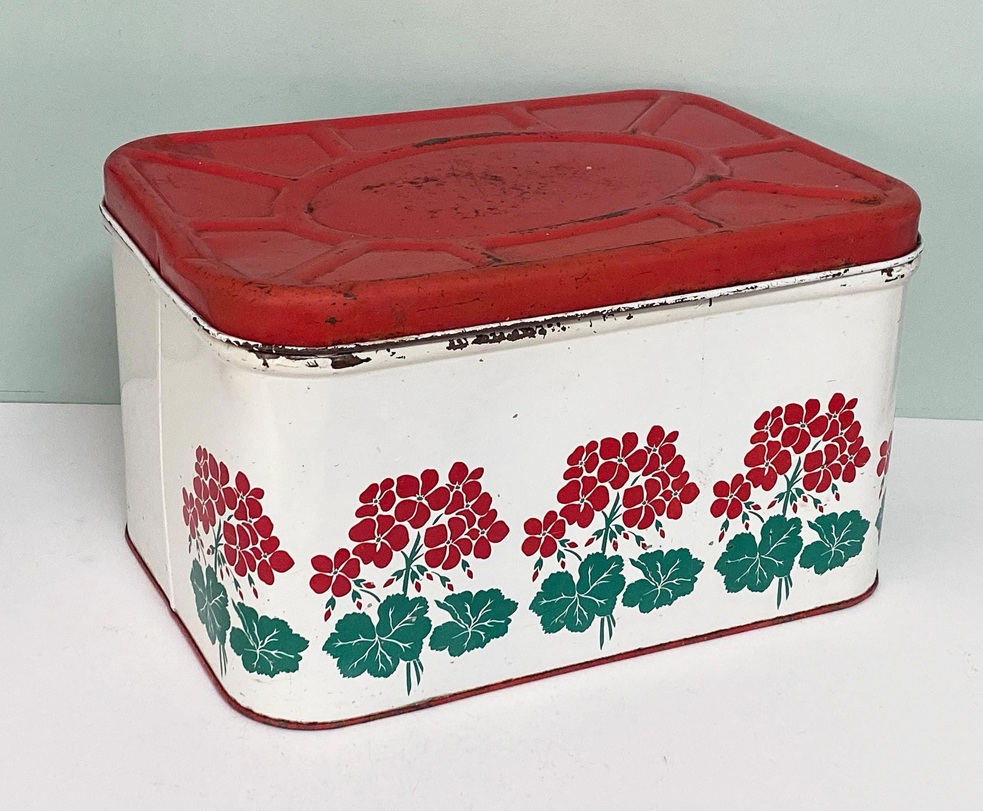 Mid-century Tin Set: Breadbox & 4 Kitchen Canisters With Red Geraniums ...