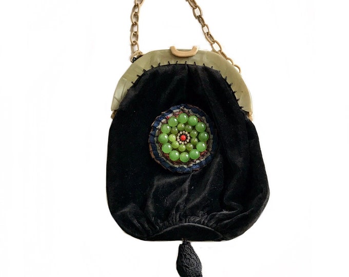 Antique 1920s Celluloid Frame Black Velvet Purse / 20s Art Deco Jade ...