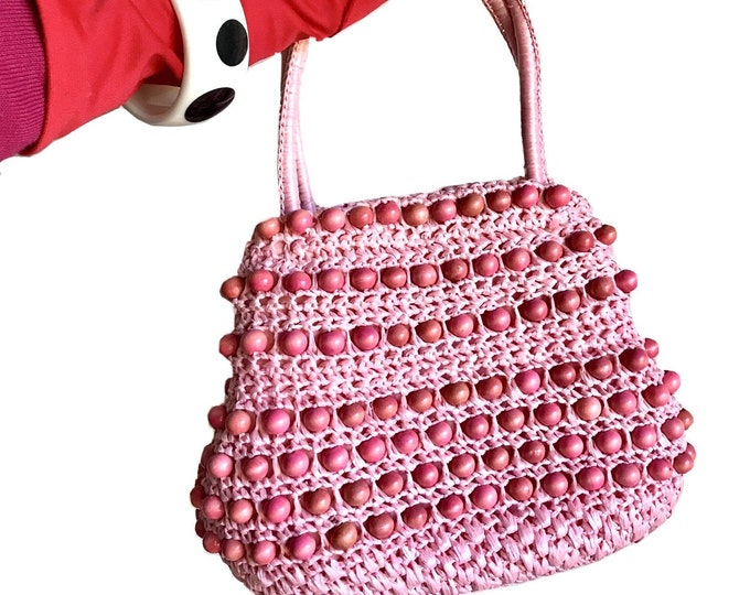 Vintage 1960s Pink Beaded Handbag / 60s Mod Hippie Raffia Purse W/ Wood ...