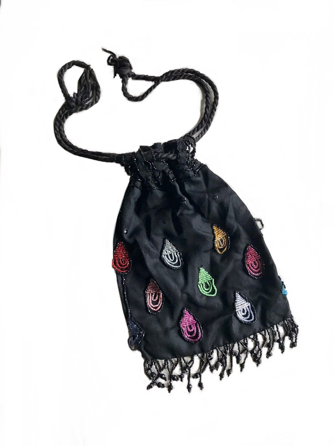 Vintage 1920s Black Beaded Drawstring Purse / Art Deco Multi-color ...