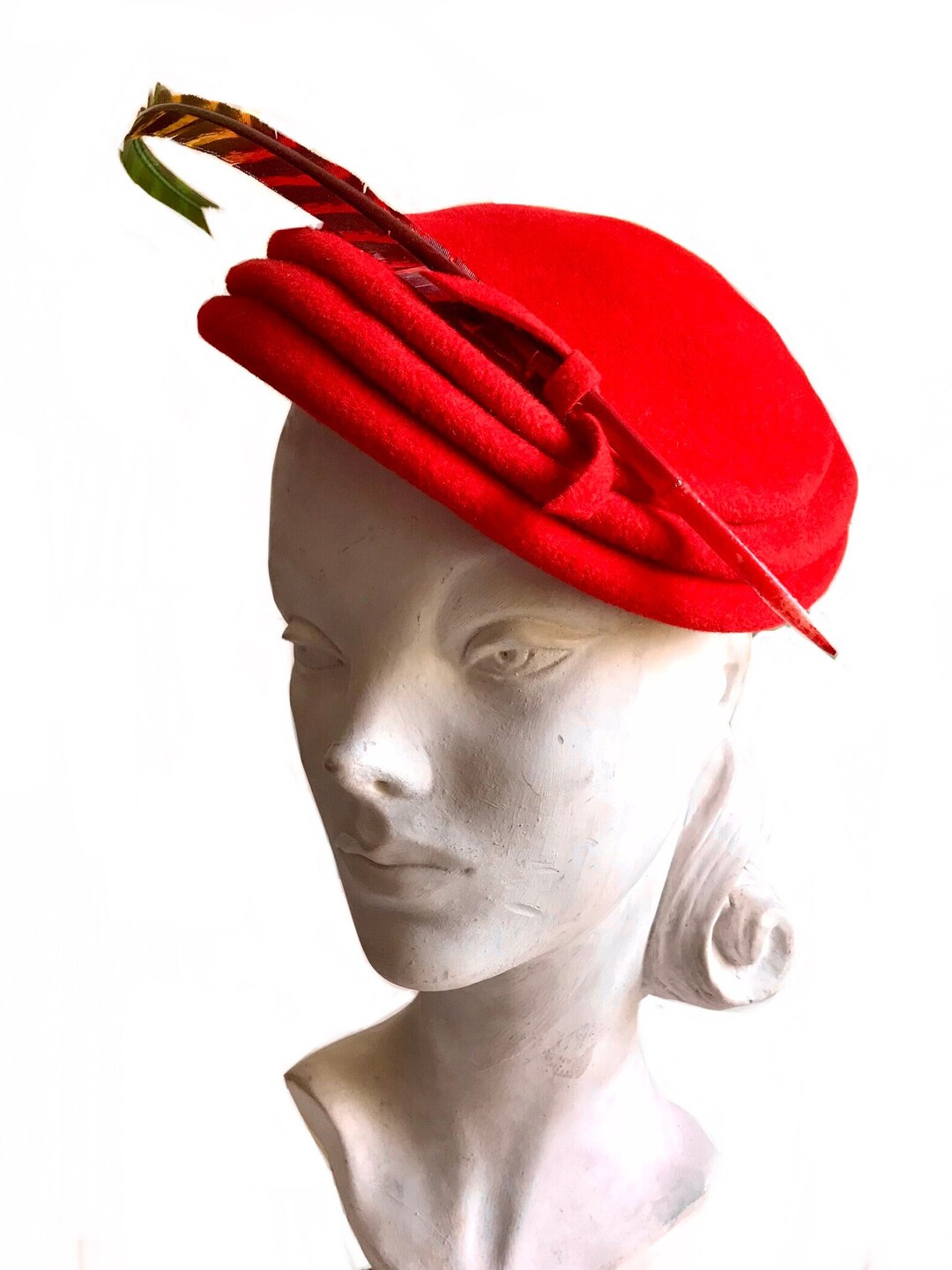Vintage 1950s Red Feather Wool Felt Hat / 50s Tilt Rockabilly Hat - Etsy