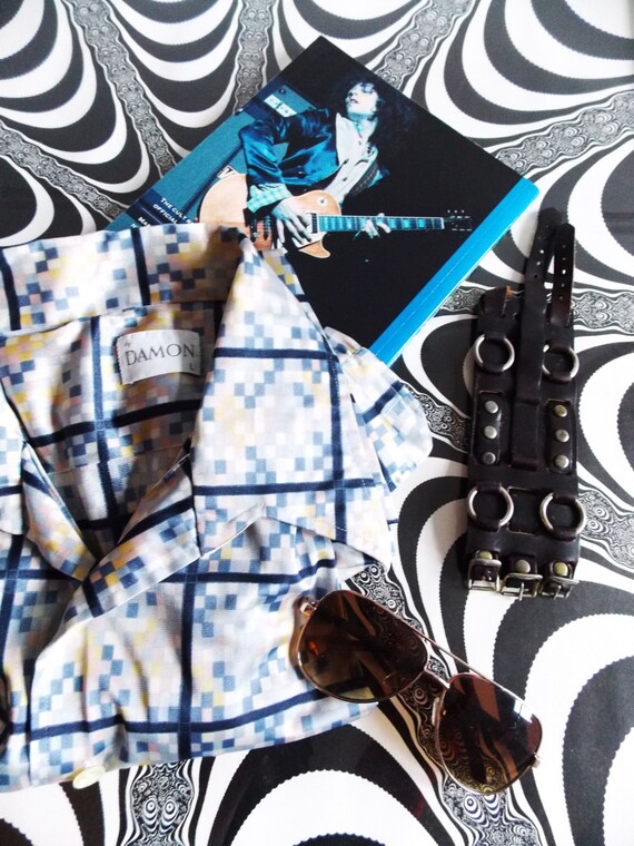 1970s blue grid print blouse/ 70s color block retro s… - Gem