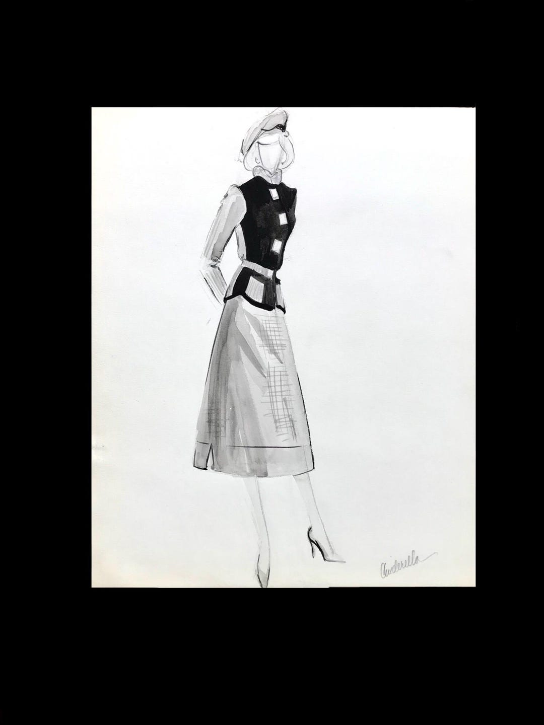 Signed Vintage 1940s Original Fashion Drawing / Framed Fashion Pencil ...