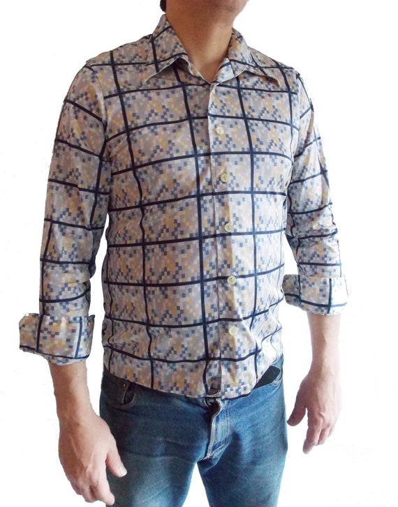 1970s blue grid print blouse/ 70s color block retro s… - Gem