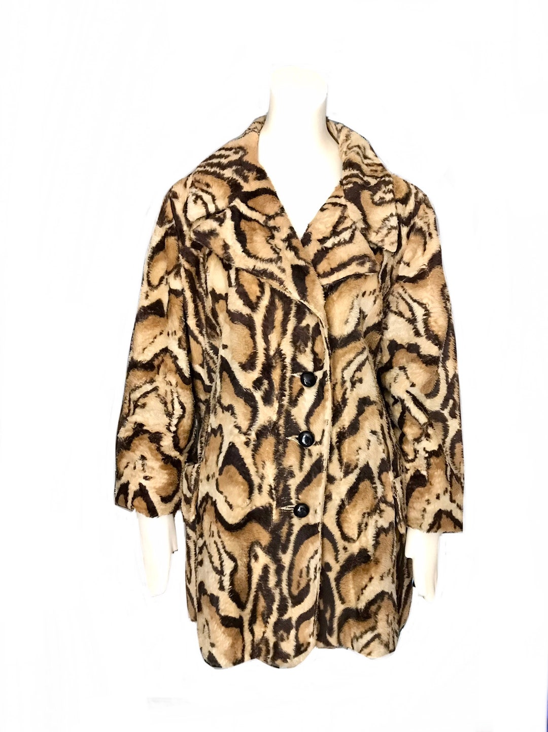 Vintage 1960s 70s Faux Leopard Fur Coat/ Animal Print Pea Coat / Winter ...