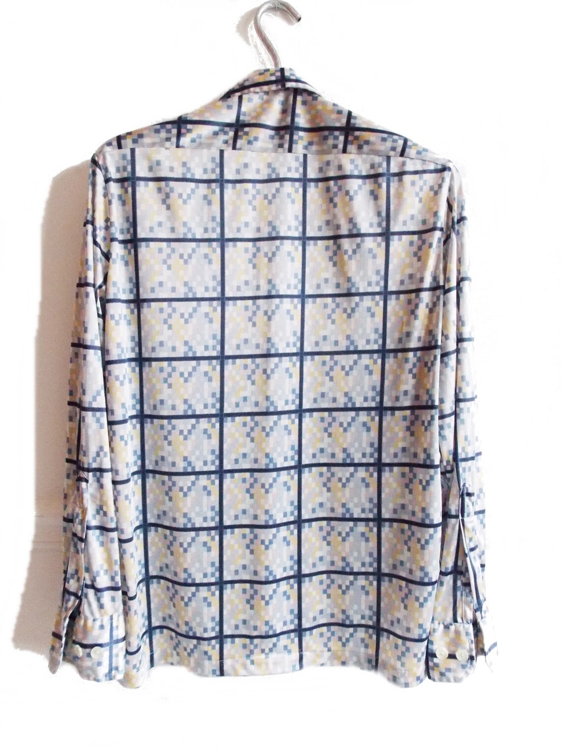 1970s Blue Grid Print Blouse/ 70s Color Block Retro Shirt/ 70s | Etsy