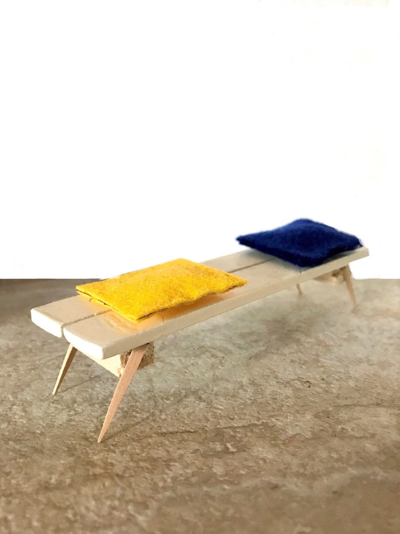 Dollhouse Modernist Miniature Wood Bench Table and Two Pillows /mixed ...