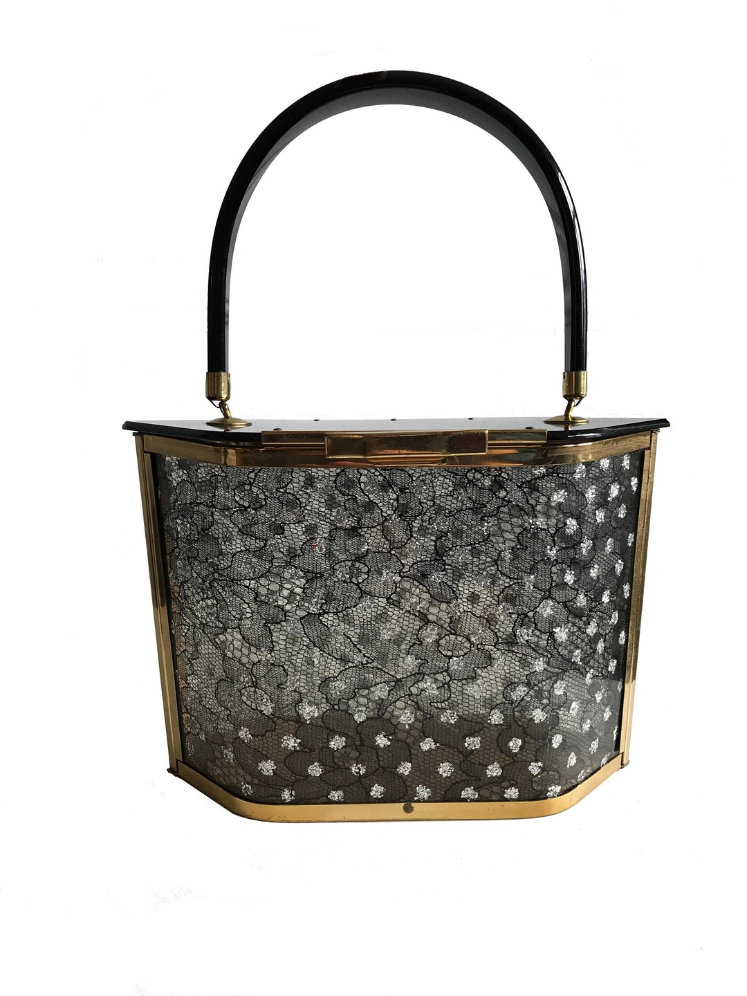 Vintage 1950s Lucite Lace Brass Box Purse / 50s Glitter Evening Purse ...