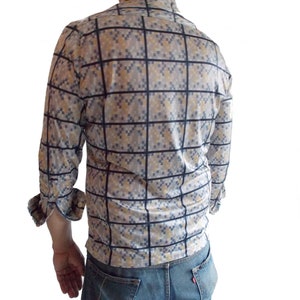 1970s Blue Grid Print Blouse/ 70s Color Block Retro Shirt/ 70s Band ...